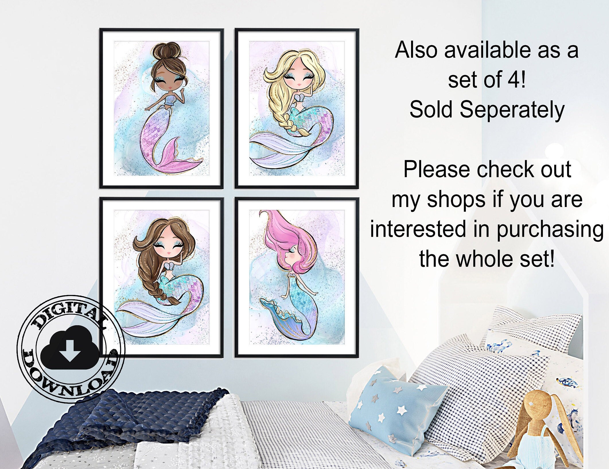Mermaid Wall Art, Girls Room Wall Decor, Mermaid Nursery Art, Toddler ...
