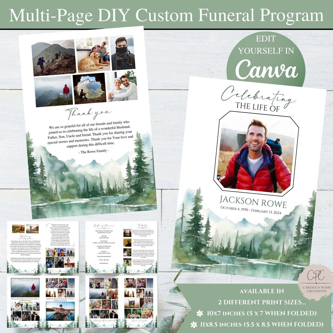 8-10 Page Funeral Program Template, Editable Mountain Outdoors Forest ...