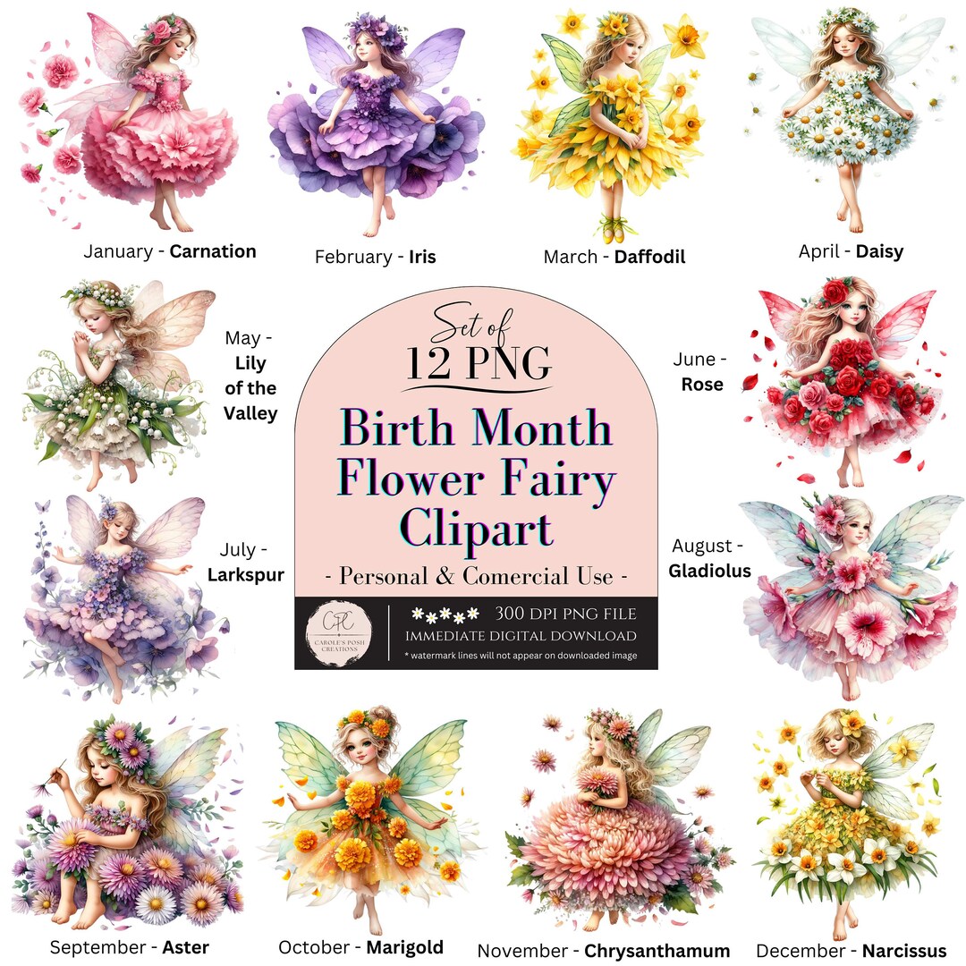 Beautiful Birth Month Fairy Clipart, Floral Fairy Clip Art, Birth Month ...