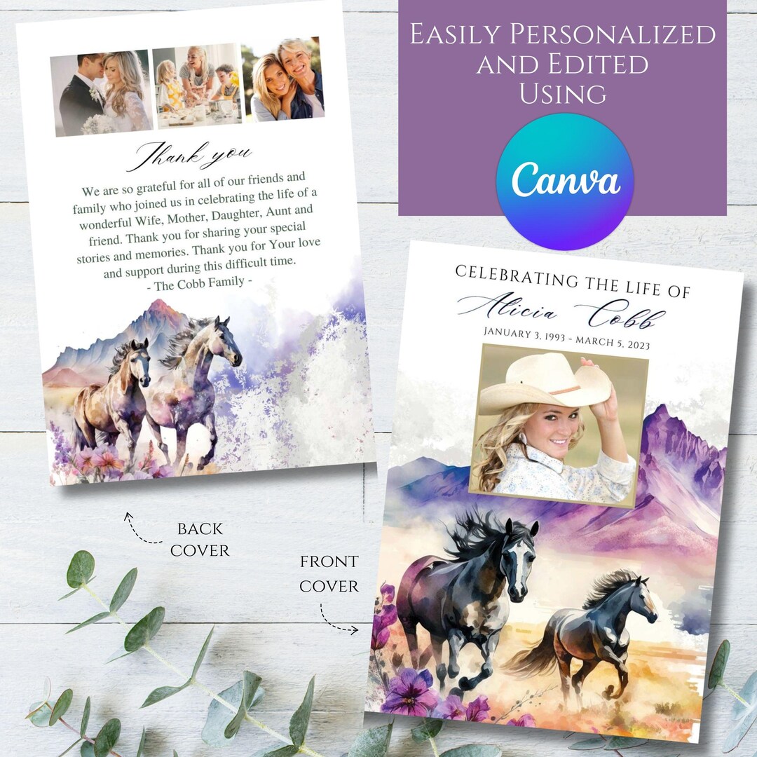 Editable Cowgirl Western Outdoors Horse Photo Memorial Funeral Program ...
