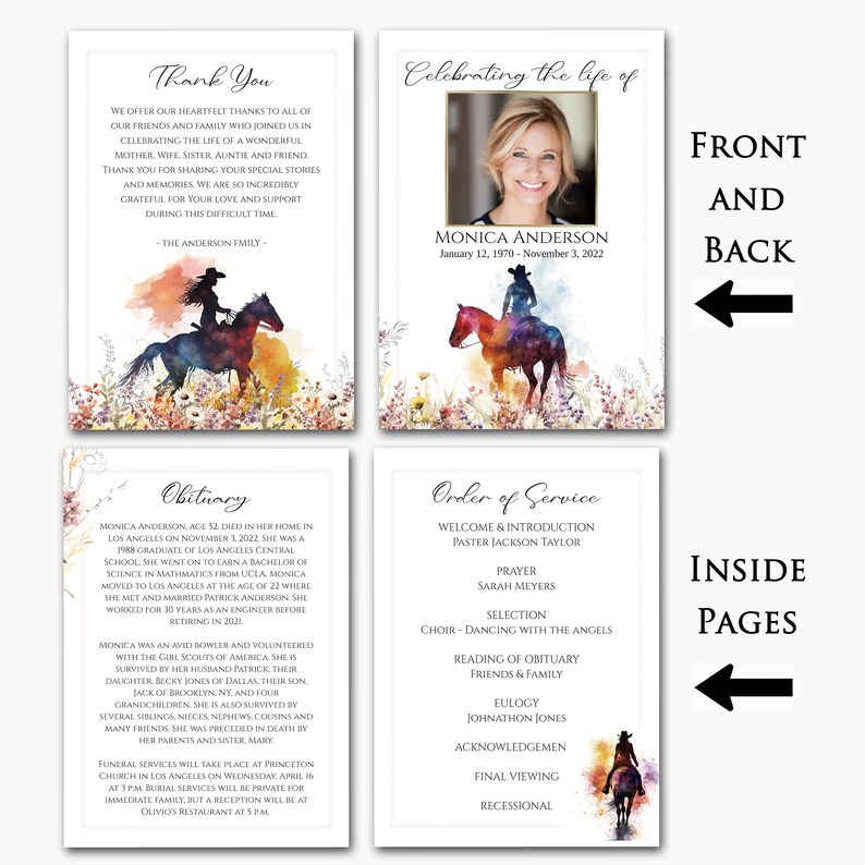 Editable Cowgirl Western Outdoors Horse Photo Memorial Funeral Program ...