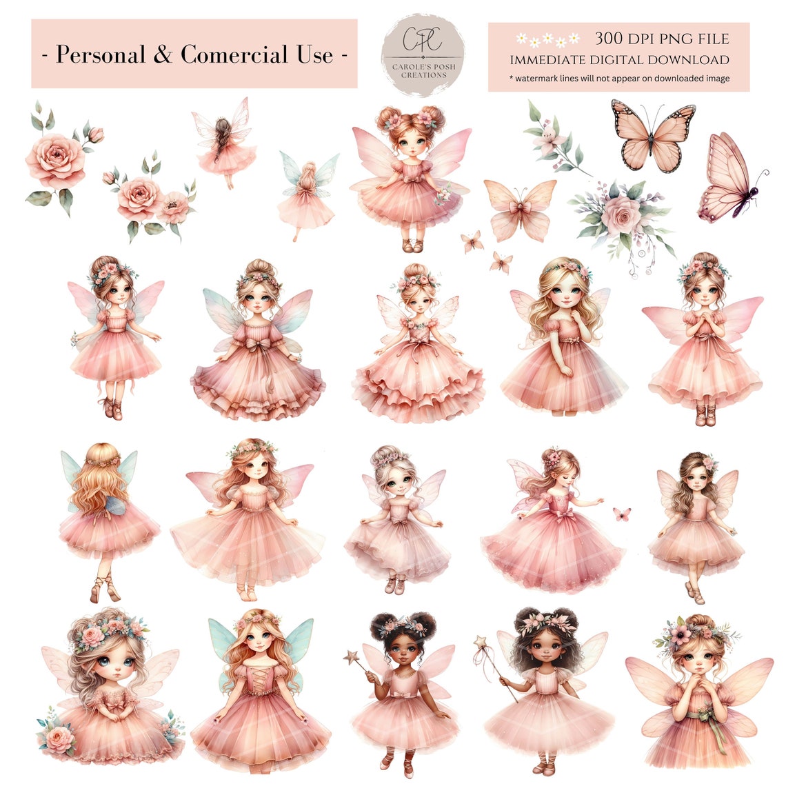 Blush Watercolor Fairy Garden Clipart, Garden Fairy, Pretty Fairies Clipart, Pink Fairies ...