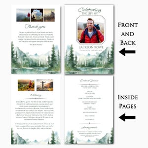Editable Mountain Outdoors Forest Hiker Photo Memorial Funeral Program ...