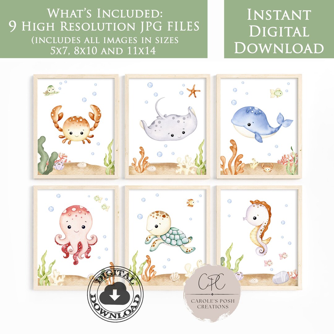 Under the Sea Watercolor Nursery Prints, Nautical Ocean Animal Wall Art ...