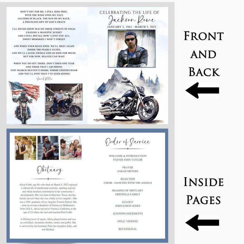 Editable Motorcycle Biker Photo Memorial Funeral Program Template ...