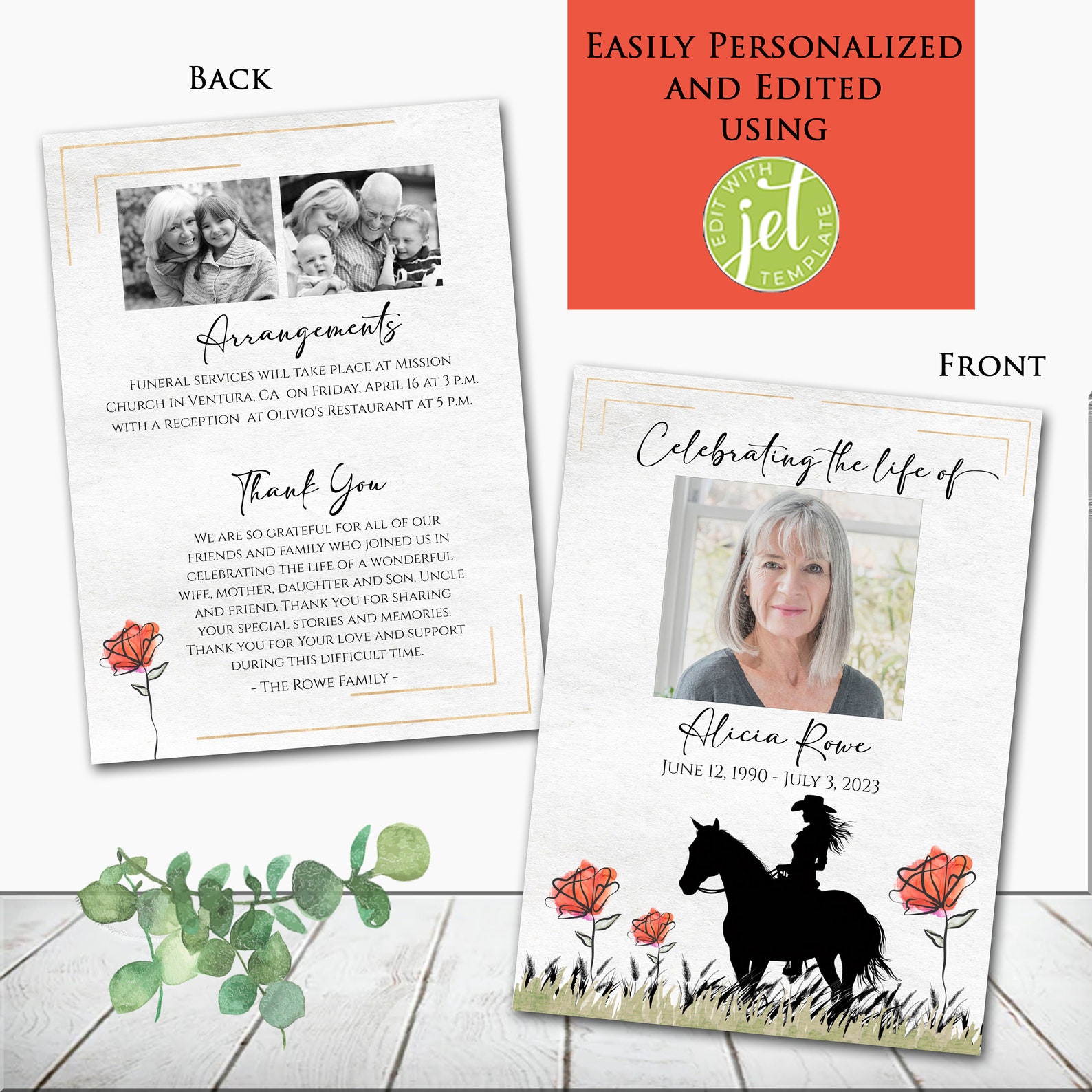 Editable Cowgirl Western Outdoors Horse Photo Memorial Funeral Program ...