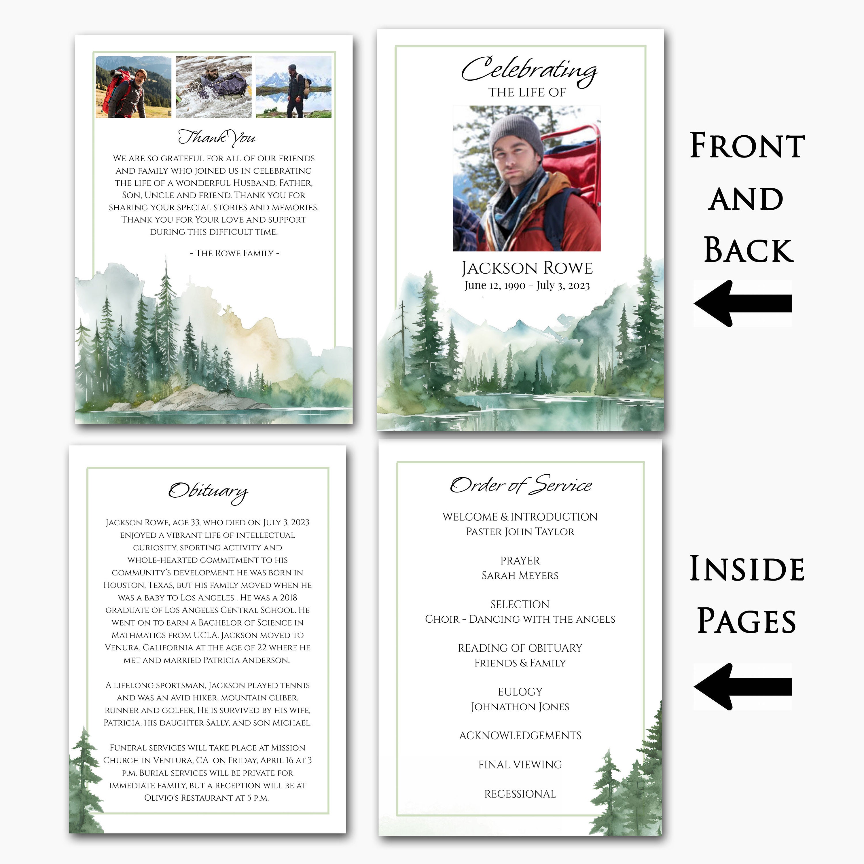 Editable Mountain Outdoors Forest Hiker Photo Memorial Funeral Program ...