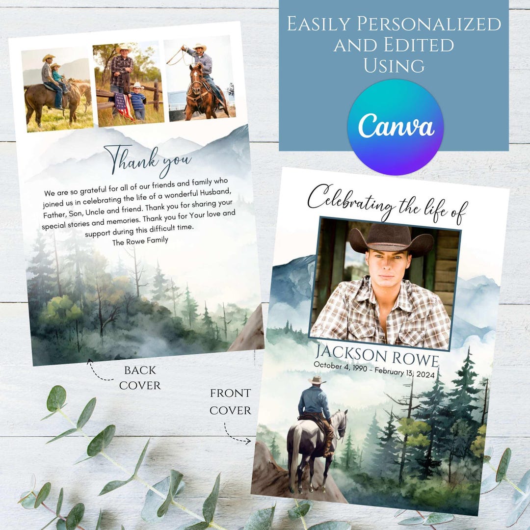 Editable Cowboy Western Outdoors Mountain Photo Memorial Funeral ...