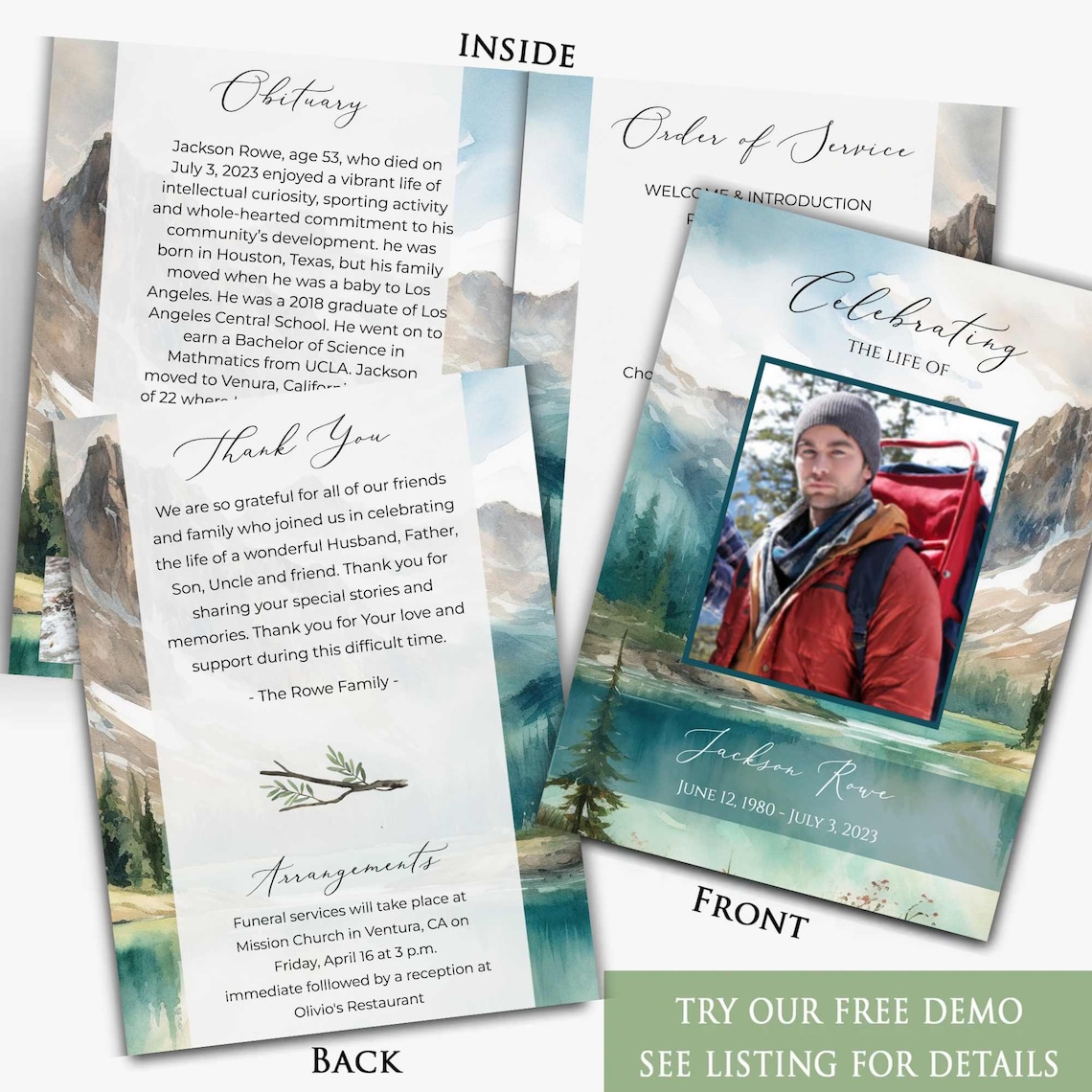 Editable Mountain Outdoors Forest Hiker Photo Memorial Funeral Program ...