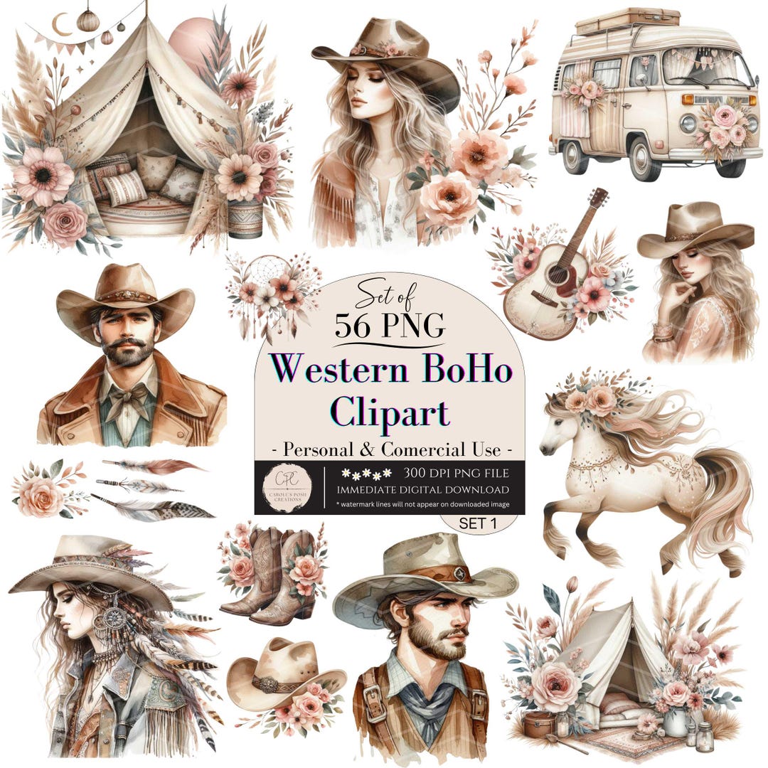 Watercolor Western Boho Clipart, Cowboy Cowgirl Floral Clipart, Digital ...