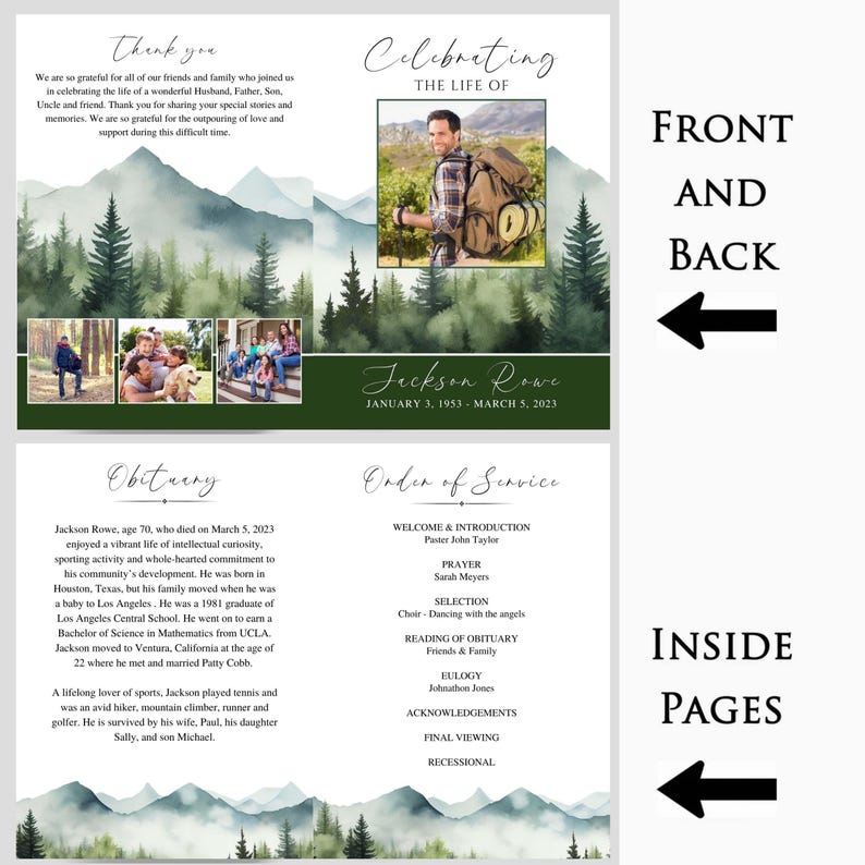 Editable Mountain Outdoors Forest Hiker Photo Memorial Funeral Program ...
