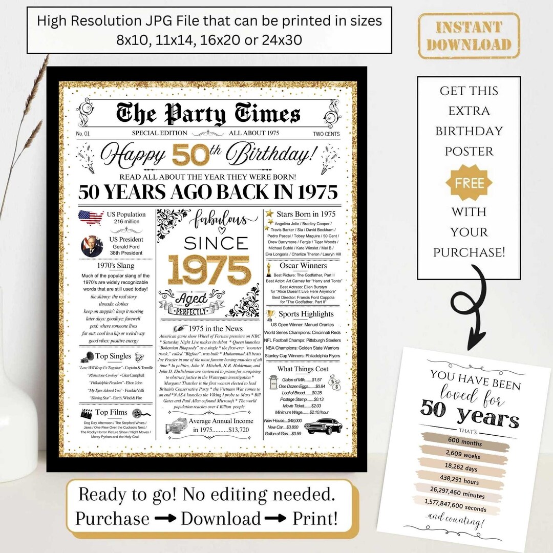 50th Birthday Newspaper Poster, 1975 Facts for 50 Years Adult Birthday ...