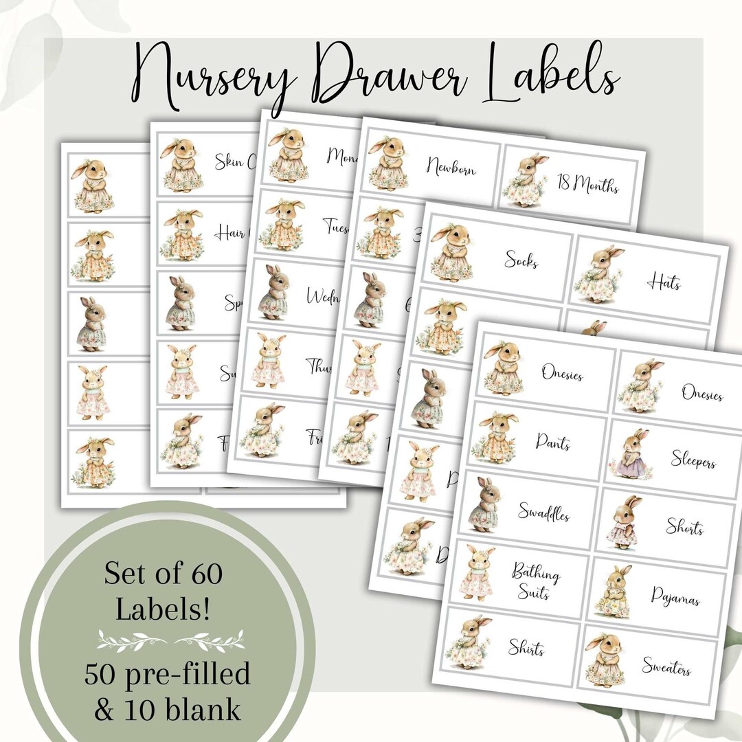 Bunny Rabbit Nursery Decor, Printable Drawer Labels, Nursery Closet ...