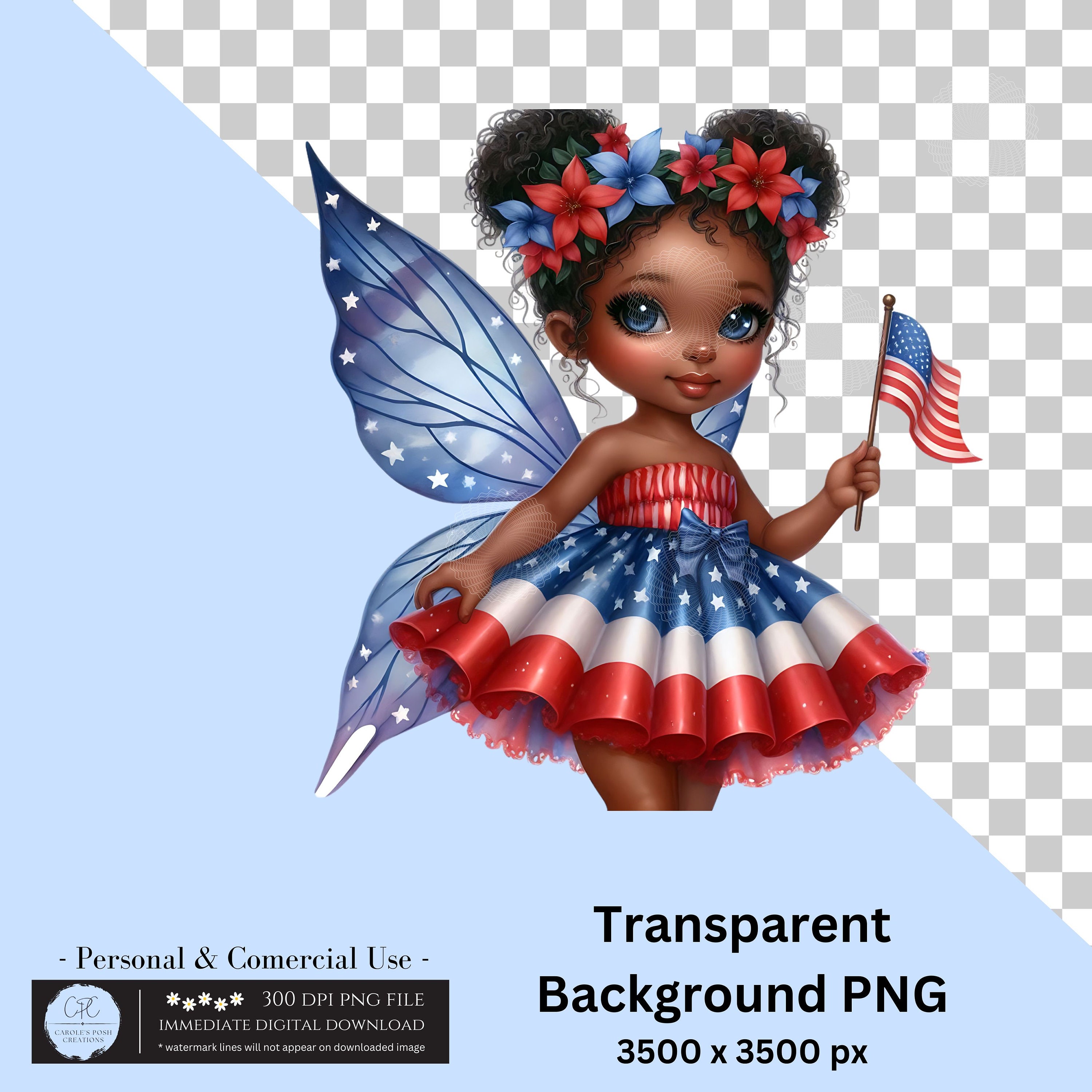 African American Patriotic Watercolor Fairy Clipart, July 4th Fairies ...