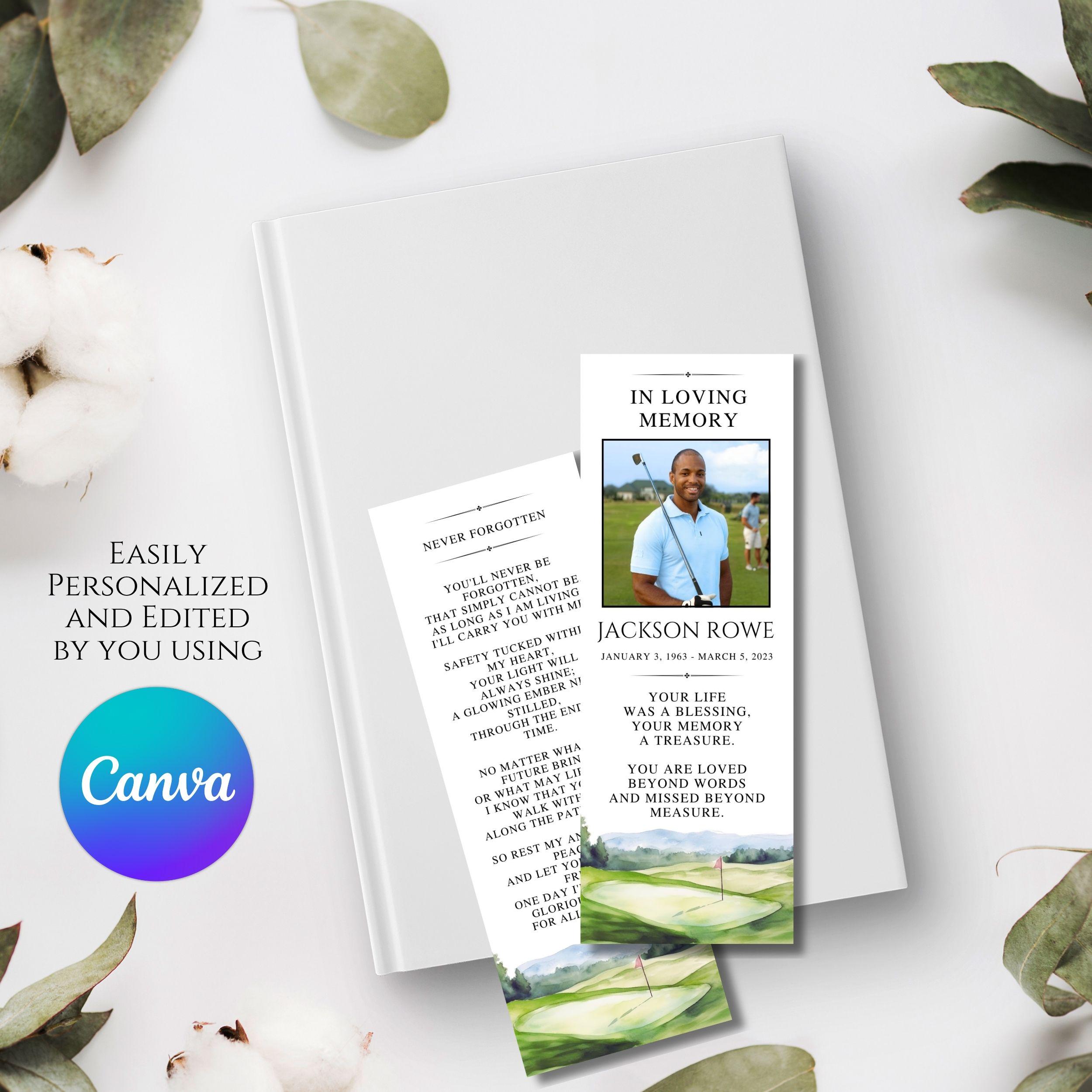 Editable Golf Golfer Outdoors Photo Memorial Funeral Bookmark Template ...