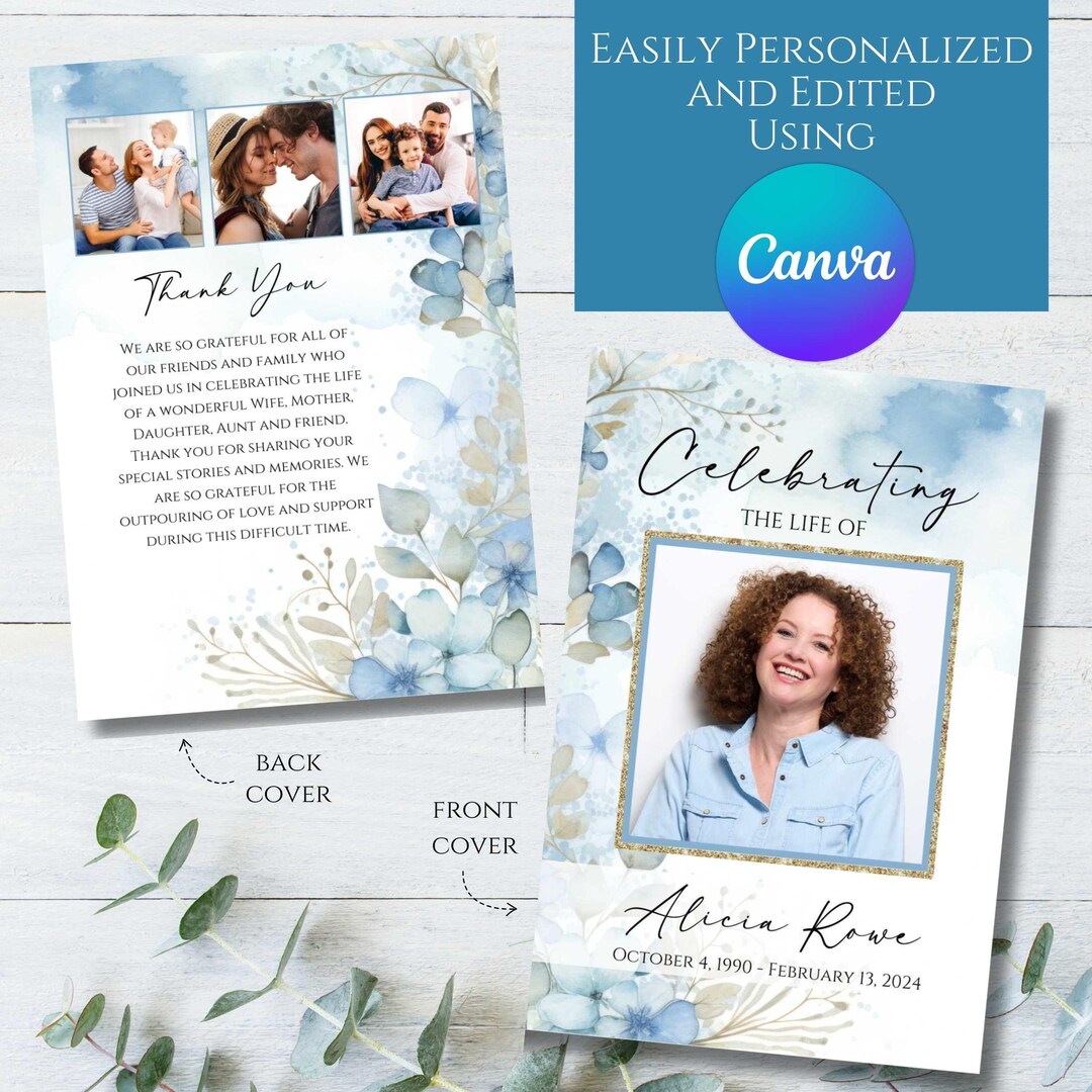 4-page Beautiful Funeral Program Template, Editable Celebration of Life ...