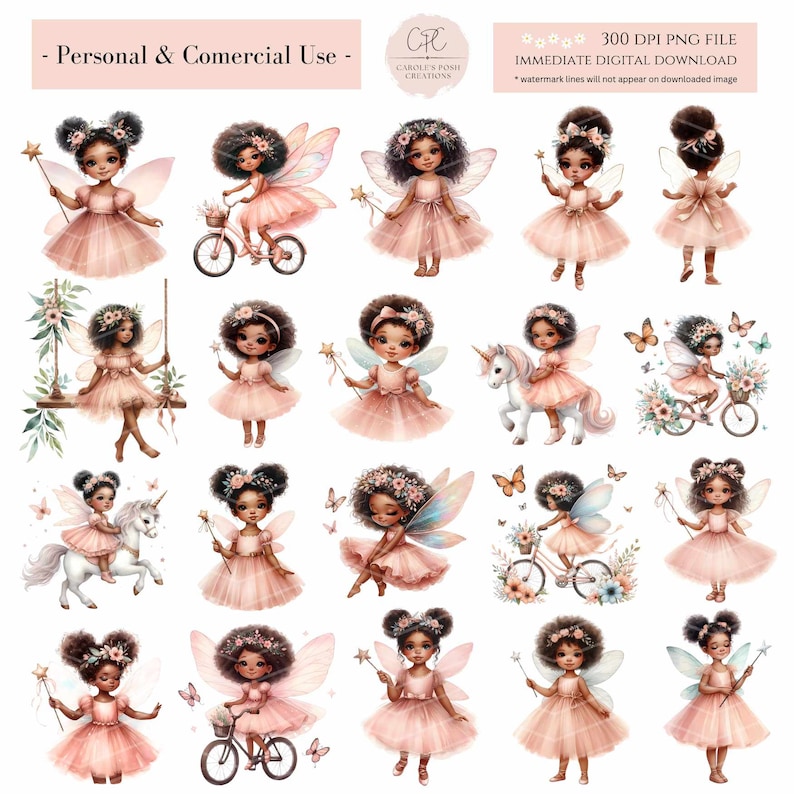 Blush Watercolor Fairy Garden Clipart, African American Fairy, Afro ...
