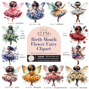 Beautiful Black Birth Month Fairy Clipart, Floral Fairy Clip Art, Birth ...