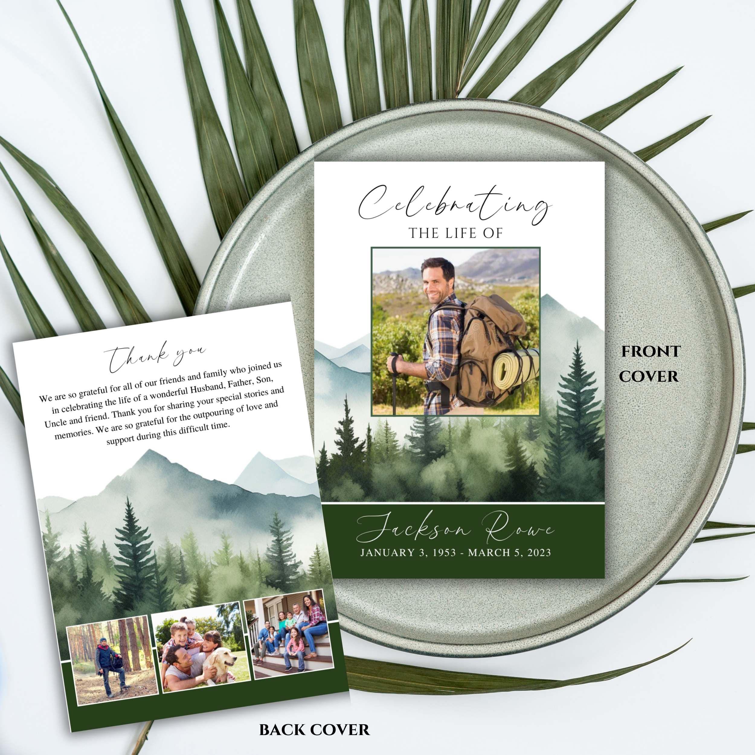 Editable Mountain Outdoors Forest Hiker Photo Memorial Funeral Program ...