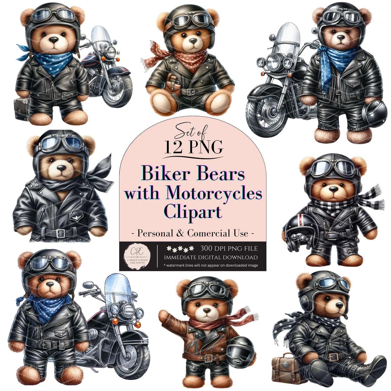Watercolor Biker Bear Clipart, Teddy Bears With Motorcycles Clipart ...
