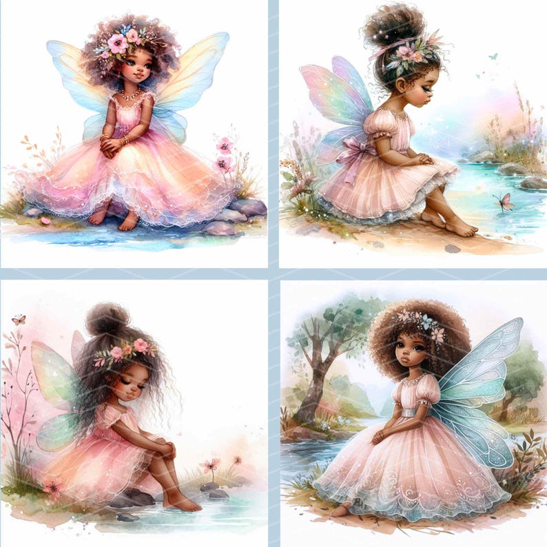 Pink Pastel Watercolor Garden Fairy Clipart, African American Fairy ...