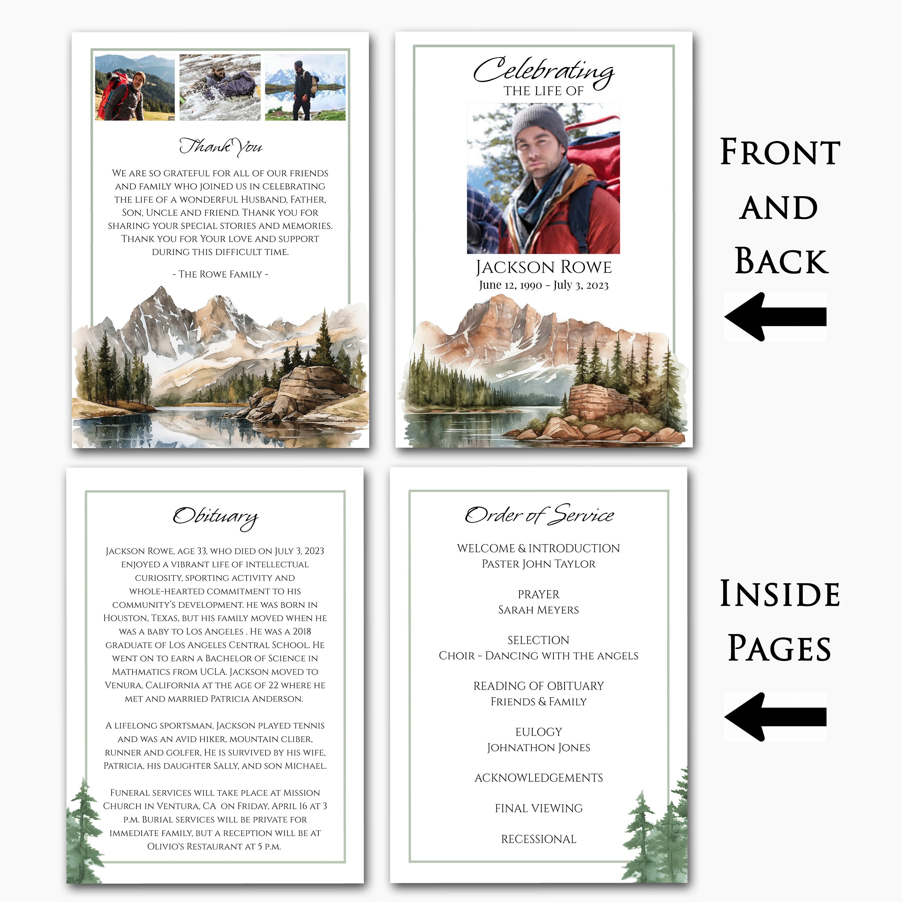 Editable Mountain Outdoors Forest Hiker Photo Memorial Funeral Program ...