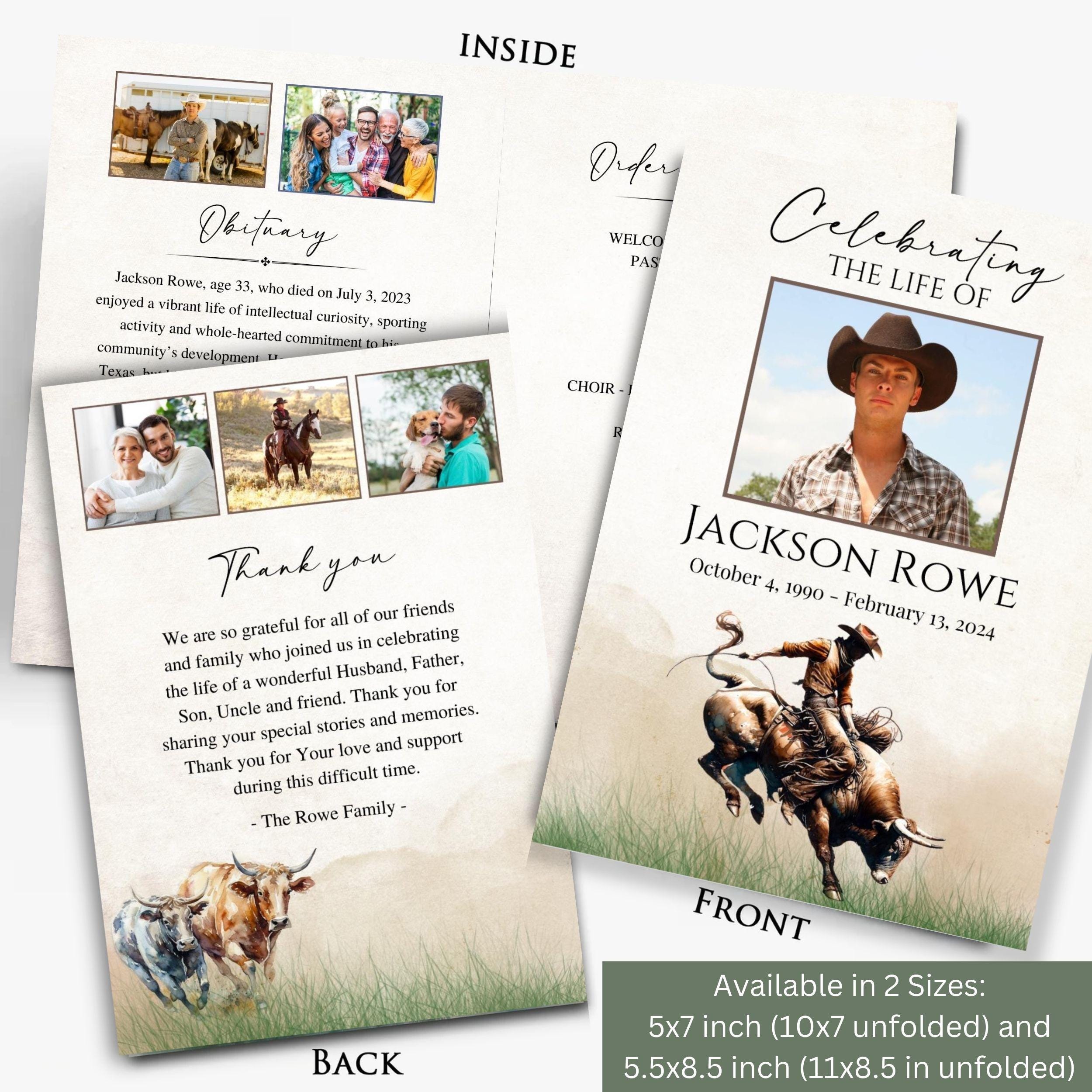 Editable Bull Riding Cowboy Western Photo Funeral Program Template ...