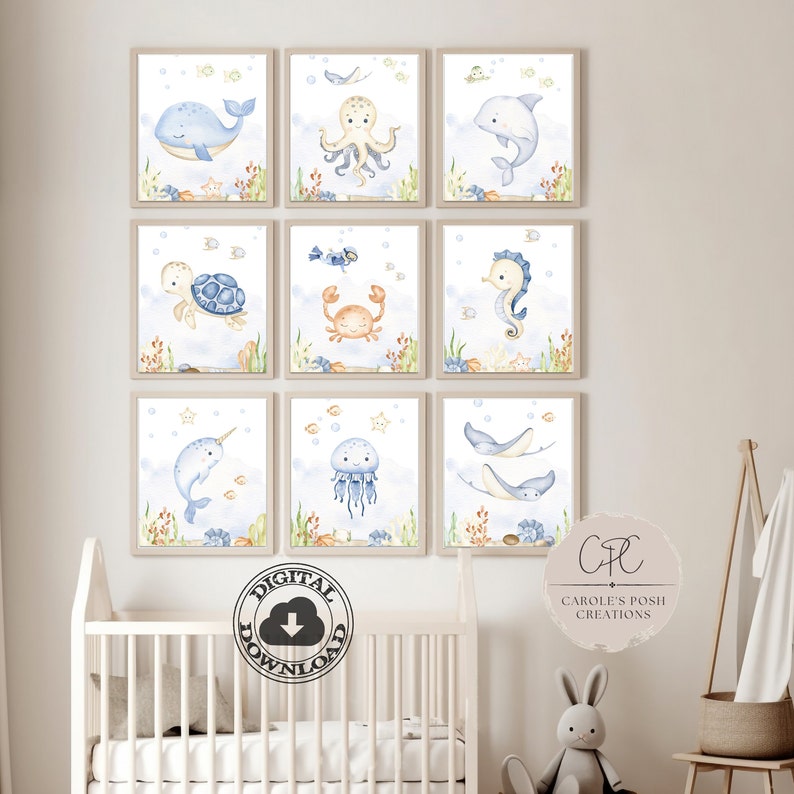Under the Sea Watercolor Nursery Prints, Nautical Ocean Animal Wall Art ...