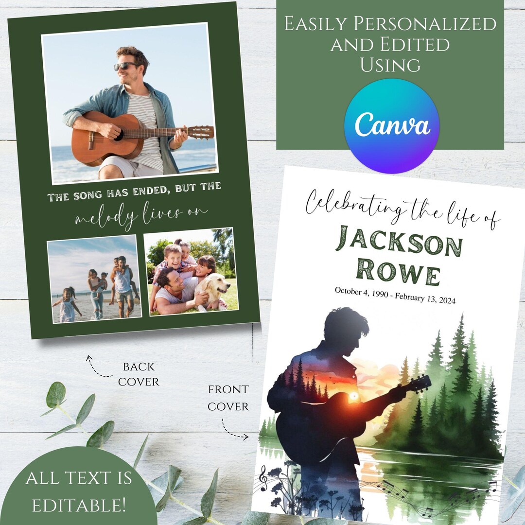 Editable Musician Sunset Guitar Forest Photo Memorial Funeral Program ...