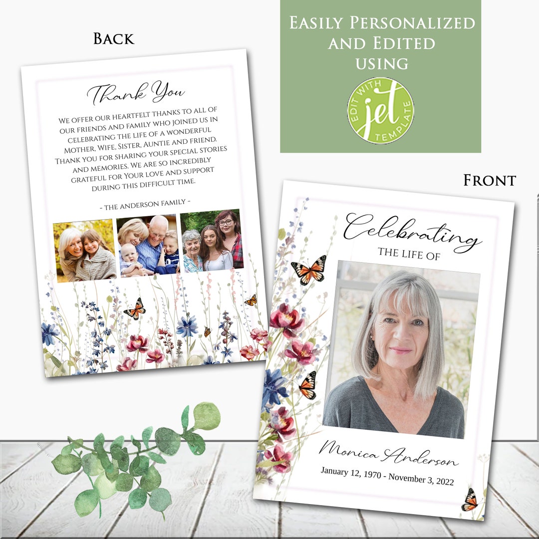 Editable Wildflower Floral Butterfly Butterflies Memorial Program ...