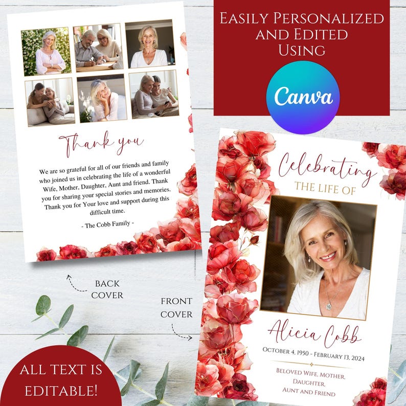 Editable Red Roses Floral Memorial Funeral Program, Elegant Red and ...