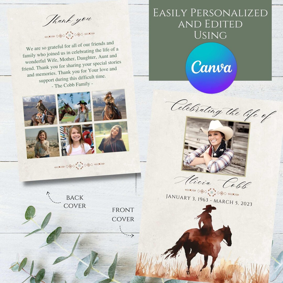 Editable Cowgirl Western Outdoors Horse Photo Memorial Funeral Program ...
