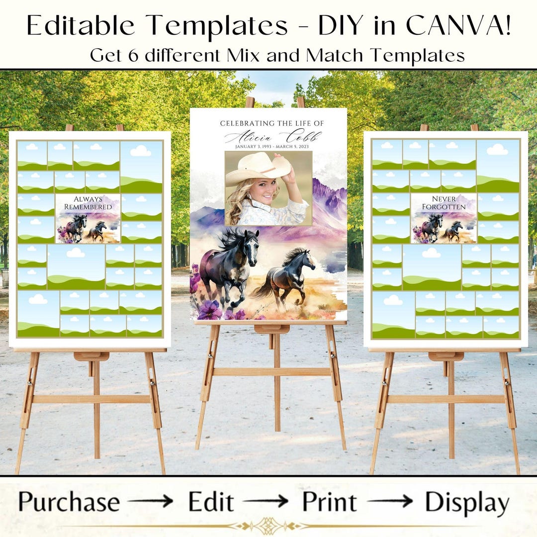 Set of 3 Editable Cowgirl Western Funeral Photo Collage Templates ...