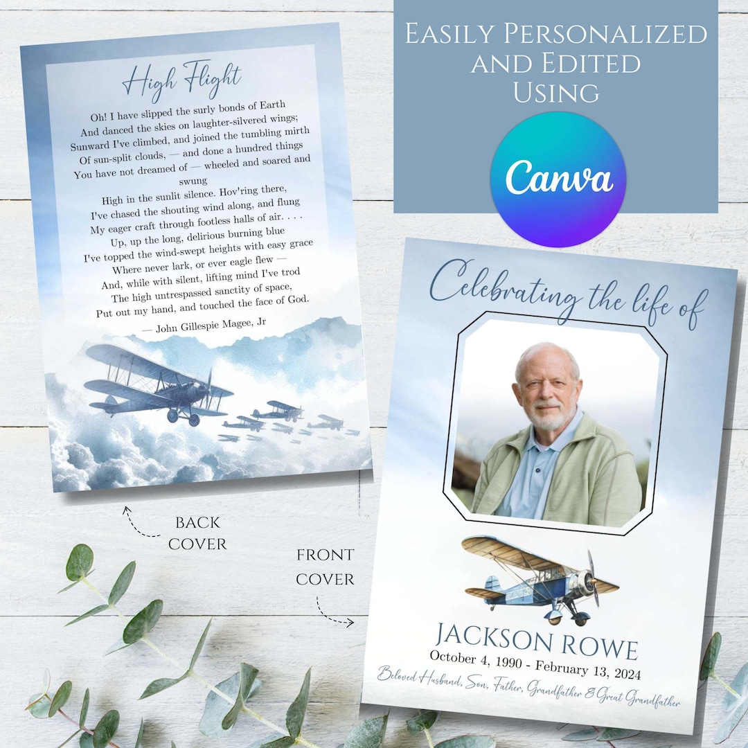 Editable Vintage Airplane Photo Memorial Funeral Program Template ...