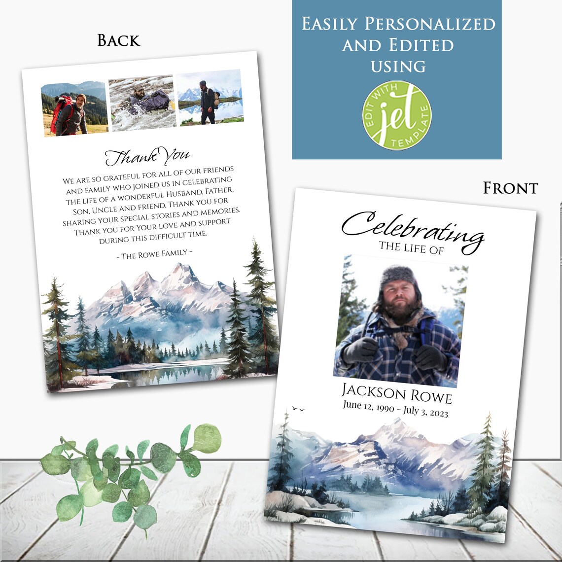Editable Mountain Outdoors Forest Hiker Photo Memorial Funeral Program ...