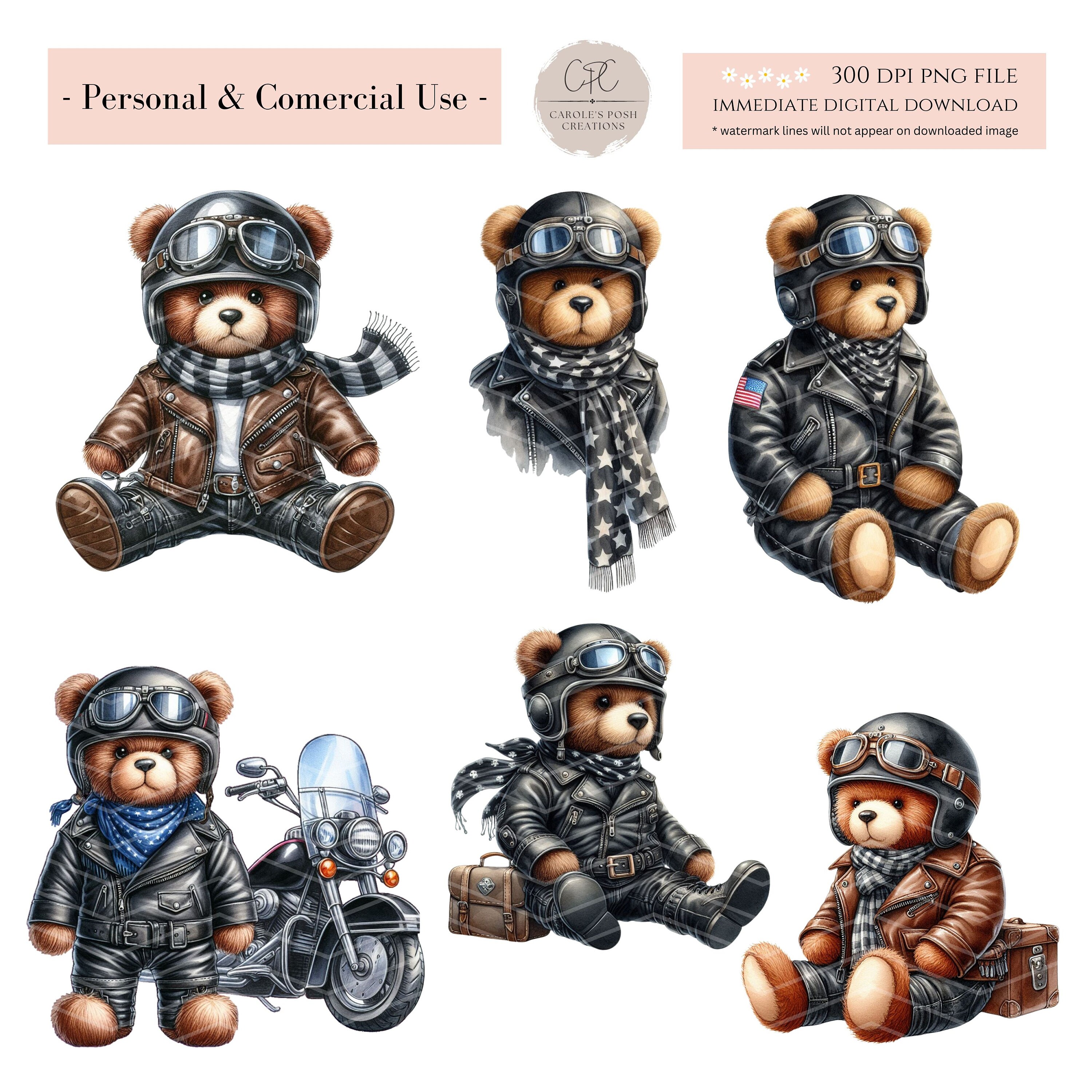Watercolor Biker Bear Clipart, Teddy Bears With Motorcycles Clipart ...