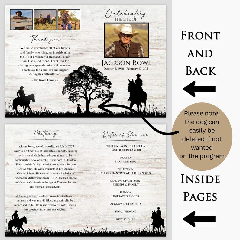 Editable Cowboy Western Outdoors Rustic Photo Memorial Funeral Program ...