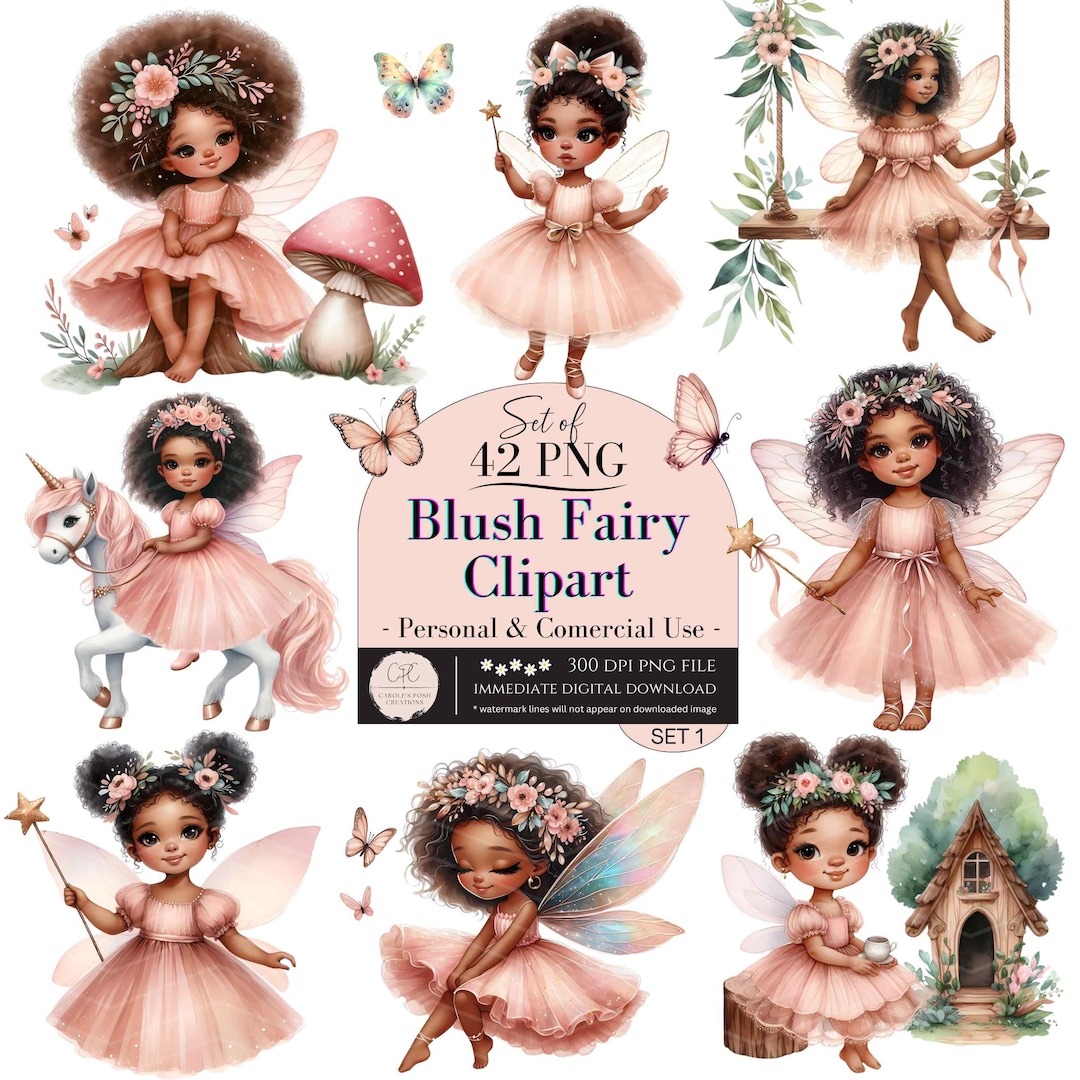 Blush Pink Watercolor Fairy Garden Clipart, African American Fairy ...