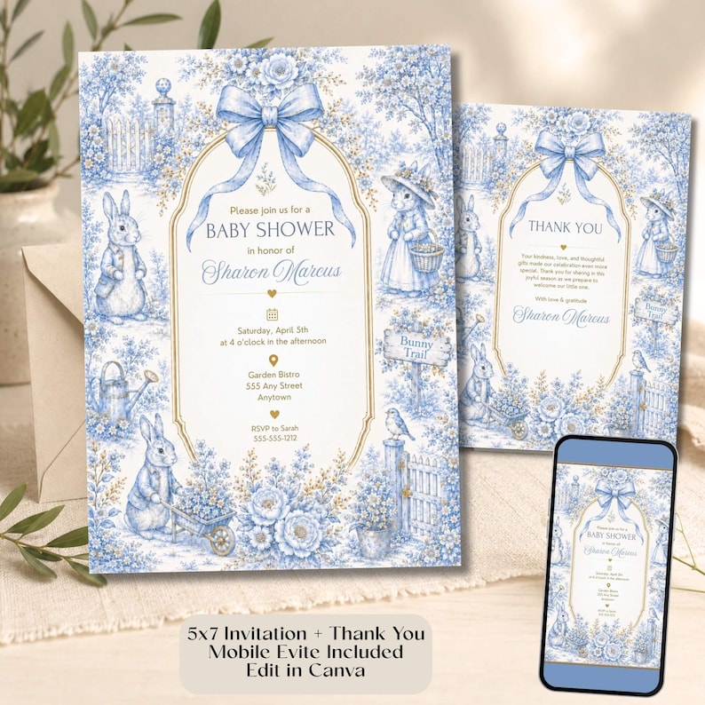 Sweetest Vintage Bunny Baby Shower Invitation Template, Vintage Blue ...