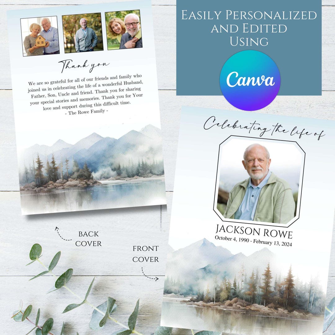 4-page Funeral Program Template, Editable Mountain Outdoors Lake Forest ...
