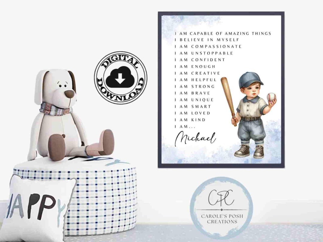 Baseball Boy Personalized Name Positive Affirmations Art Print, Nursery ...
