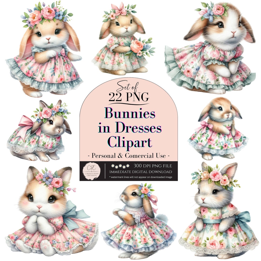 Watercolor Bunny Rabbit Clipart, Bunnies in Dresses Clipart, Cute Bunny ...