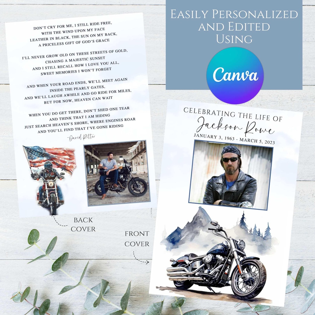 Editable Motorcycle Biker Photo Memorial Funeral Program Template ...