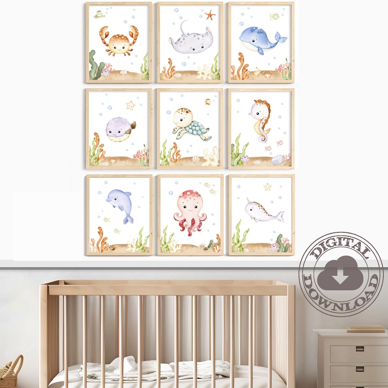 Under the Sea Watercolor Nursery Prints, Nautical Ocean Animal Wall Art ...