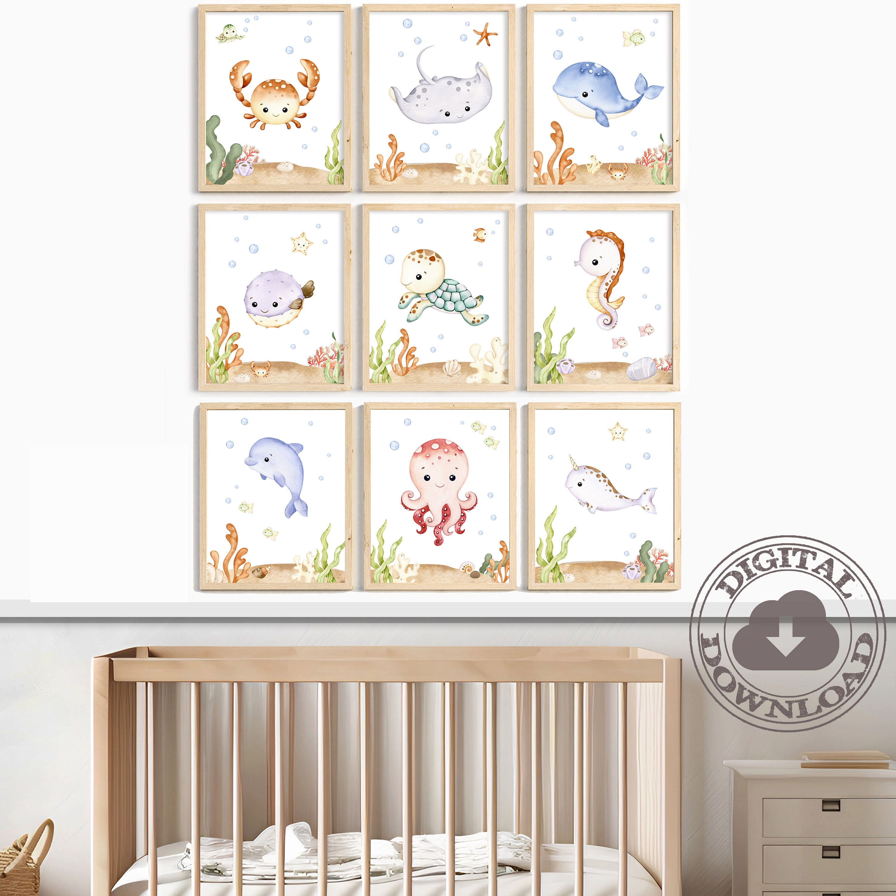 Under the Sea Watercolor Nursery Prints, Nautical Ocean Animal Wall Art ...