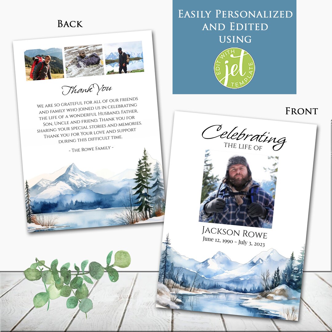 Editable Mountain Outdoors Forest Hiker Photo Memorial Funeral Program ...