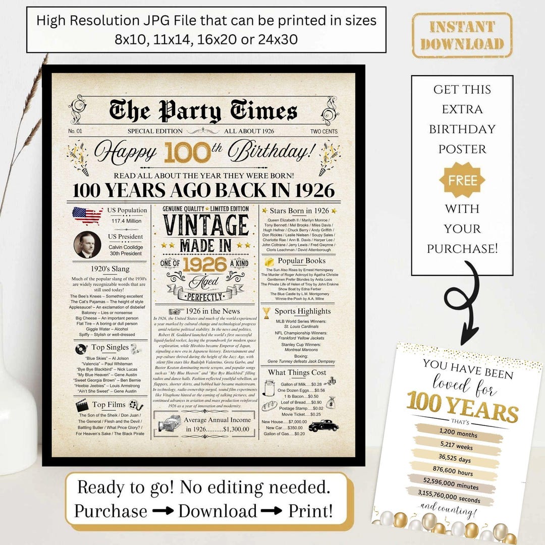 100th Birthday Newspaper Poster, Back in 1926 Facts for 100 Years Adult ...