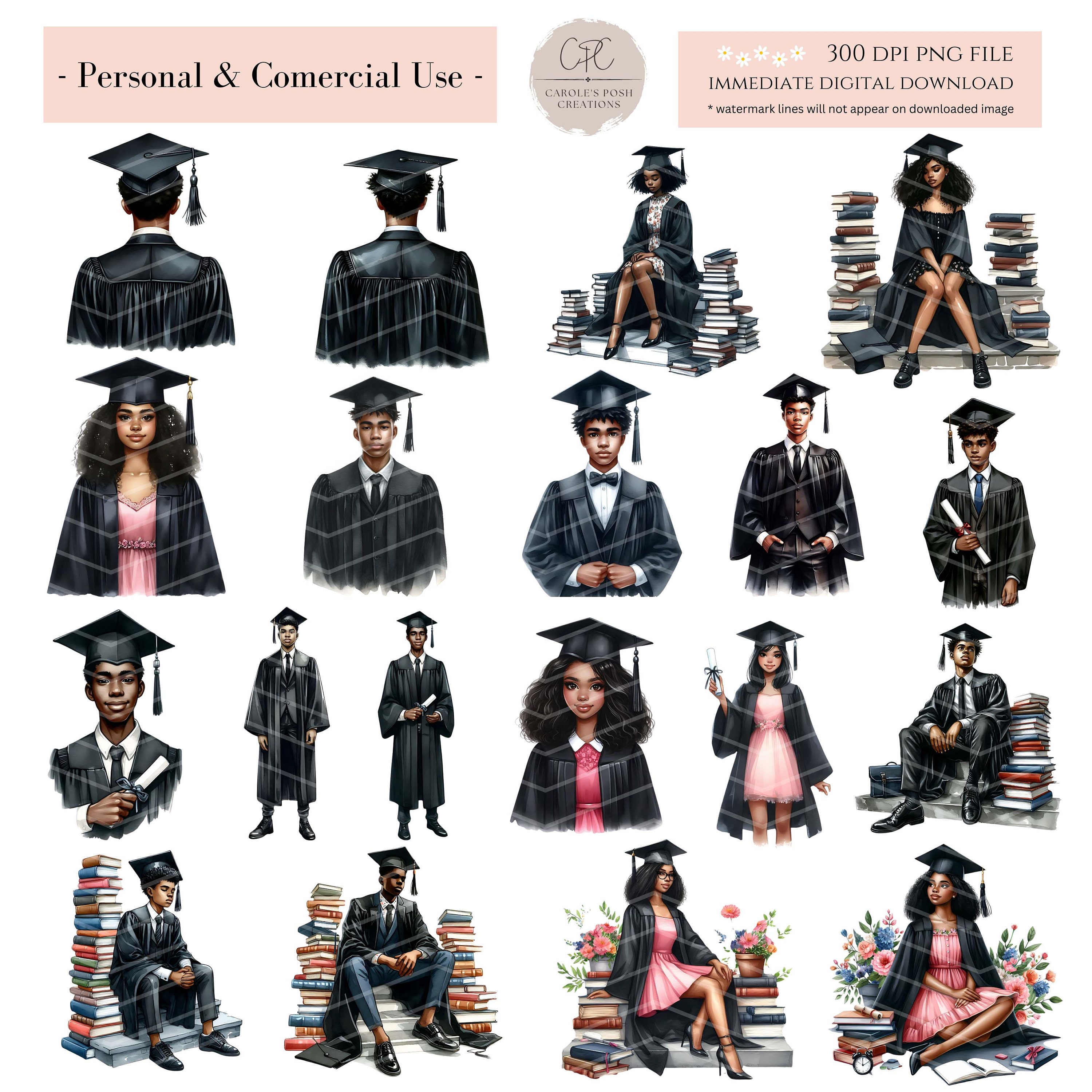 Watercolor Graduation Boy Girl Clipart, African American Graduation PNG ...