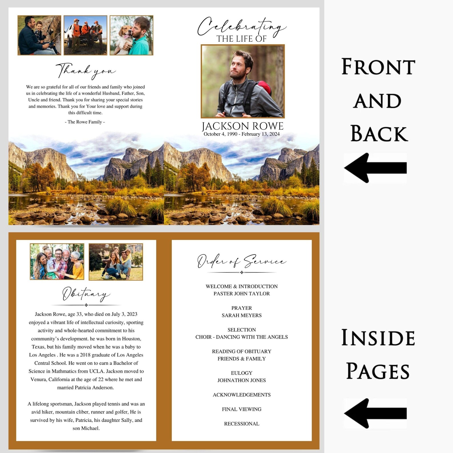 Editable Yosemite Mountain Outdoors Forest Hiker Photo Memorial Funeral ...