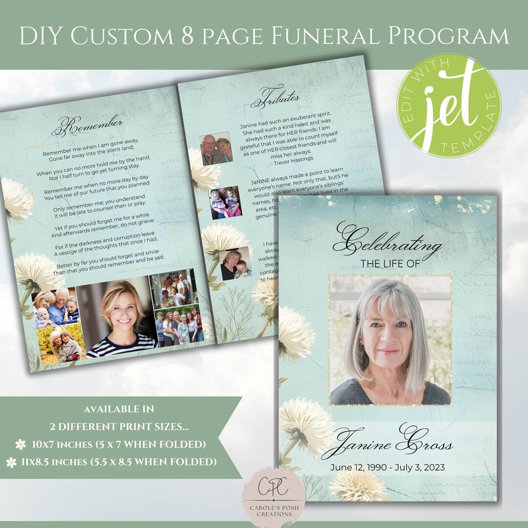 8-page Funeral Program Template, Editable Celebration of Life, Obituary ...